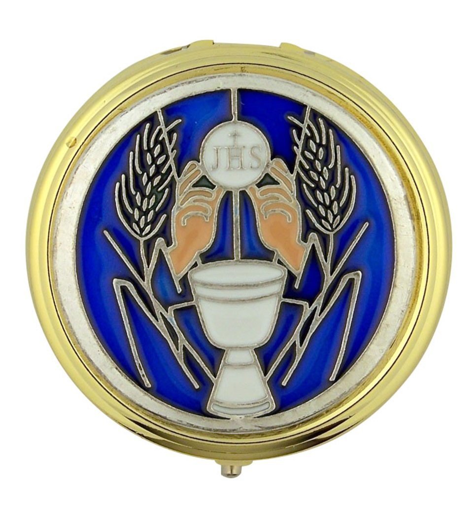 Gold Plate Eucharist Pyx with Blue Enamel Chalice and JHS Host Medal, 2 ...