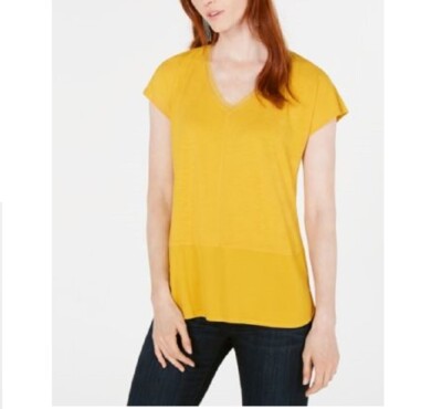 Bar III Womens S Varsity Gold Short Sleeve VNeck Mixed Media Mesh Top ...