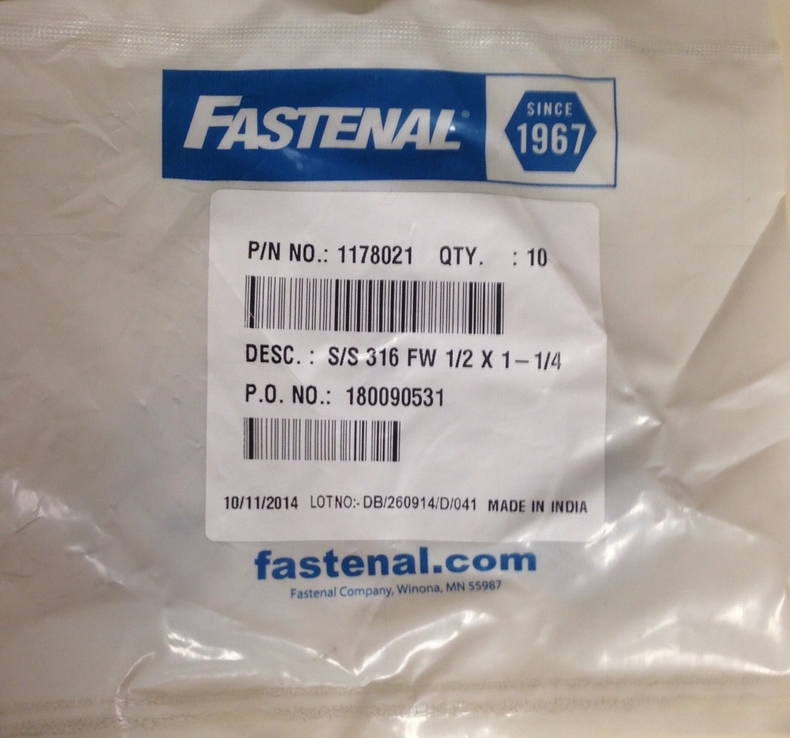 Lot Of 10 Fastenal 1/2" ID, 1-1/4" OD 316 Stainless Steel Flat Washers ...