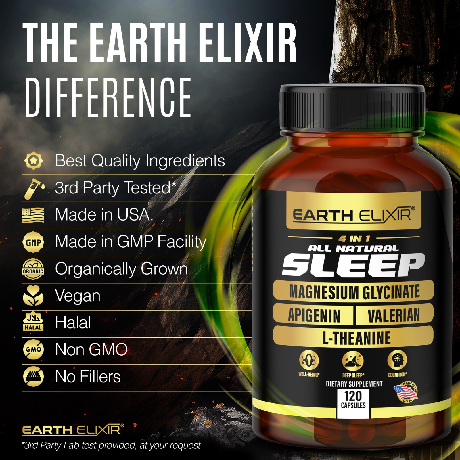 Earth Elixir 4-in-1 (120 Caps) w/Apigenin 51mg, Magnesium Glycinate ...