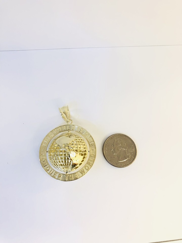 10K Yellow Gold Round Globe Planet Earth World Map Two Sided Pendant 1. ...