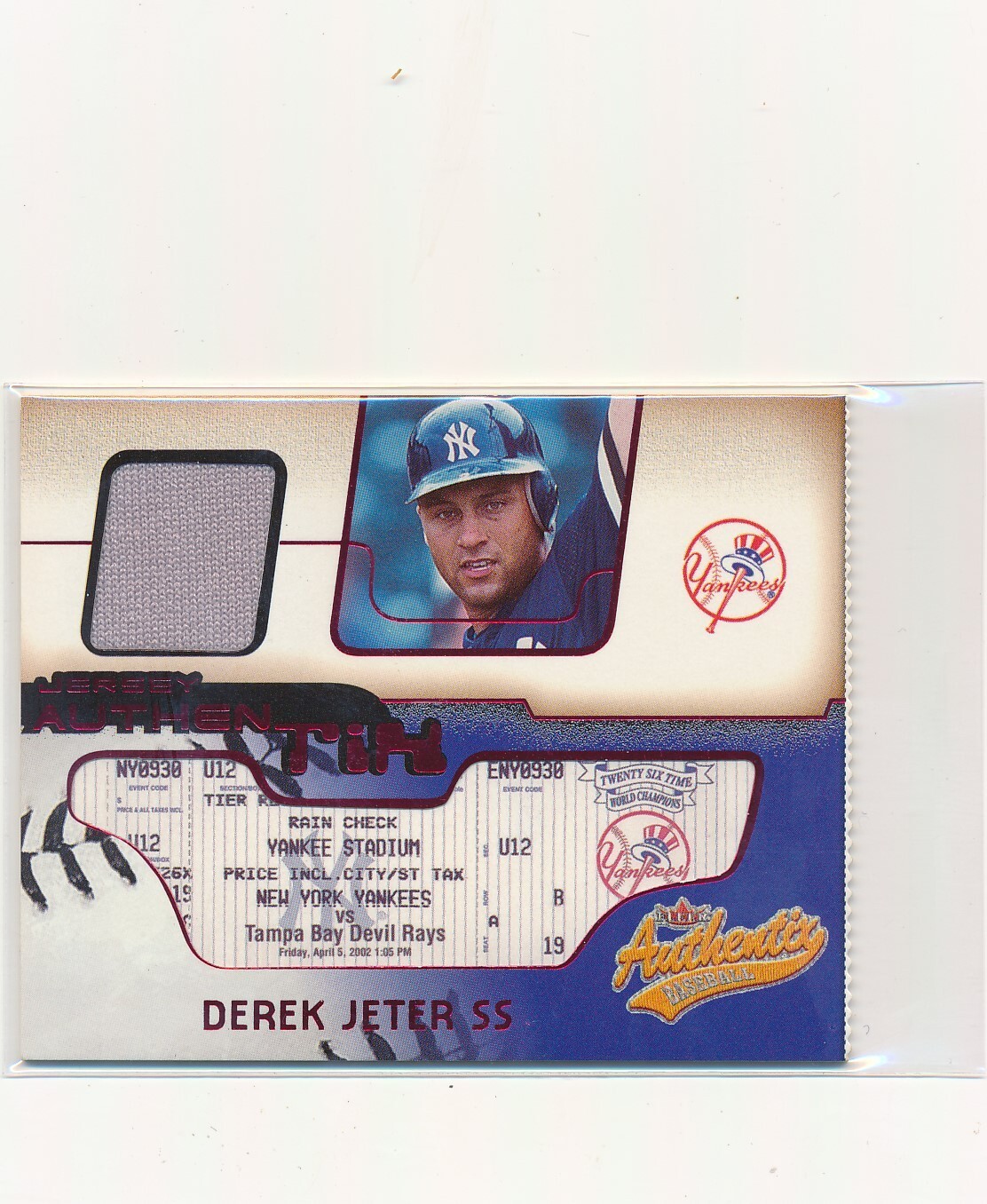 2002 FLEER AUTHENTIX DEREK JETER NY YANKEES GAME USED JERSEY CARD #JA ...