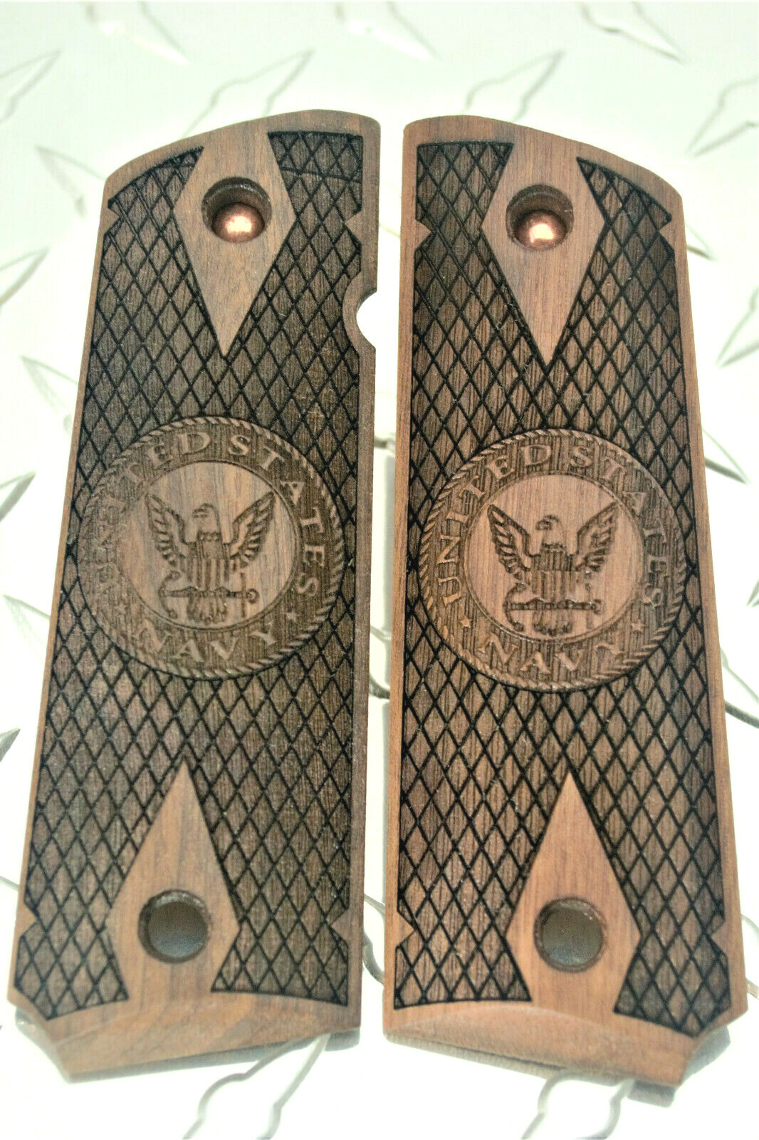 United States Navy USN Shield Laser Carved American Walnut 1911 Grips ...