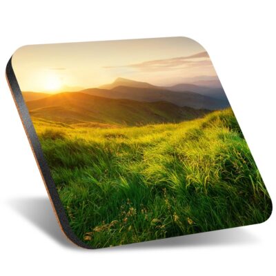 1x Square Coaster 12cm Sunset Mountains Green Grass #52191 | eBay UK