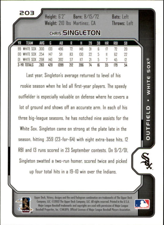 2002 Upper Deck Victory Baseball Card #203 Chris Singleton | eBay
