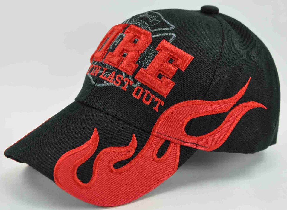 FIRE DEPT FIRE FIRST IN LAST OUT FLAMES CAP HAT BLACK | eBay