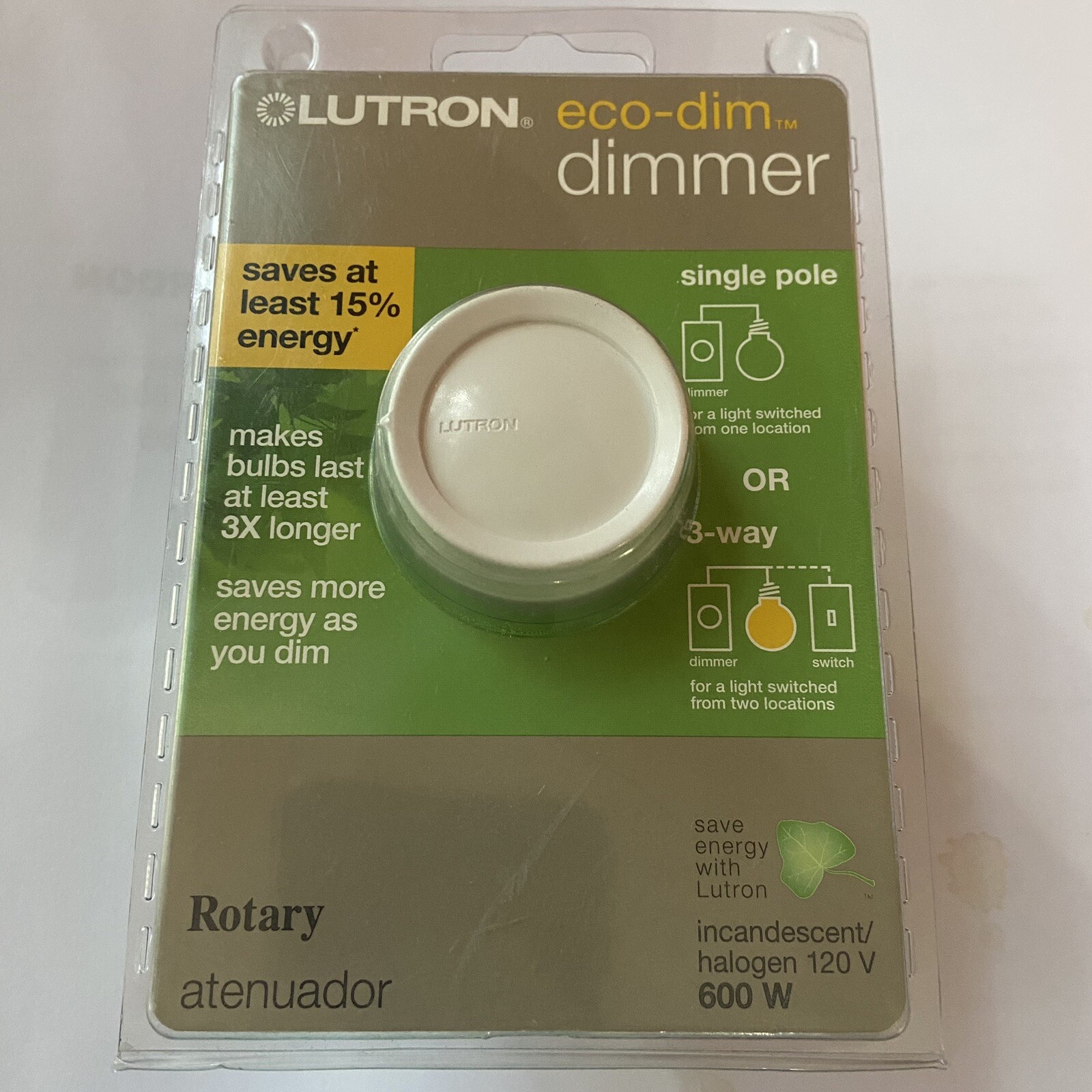 Lutron D-603PGH-WH 3-Way White Eco-Dim Rotary Dimmer With Push On/Off ...
