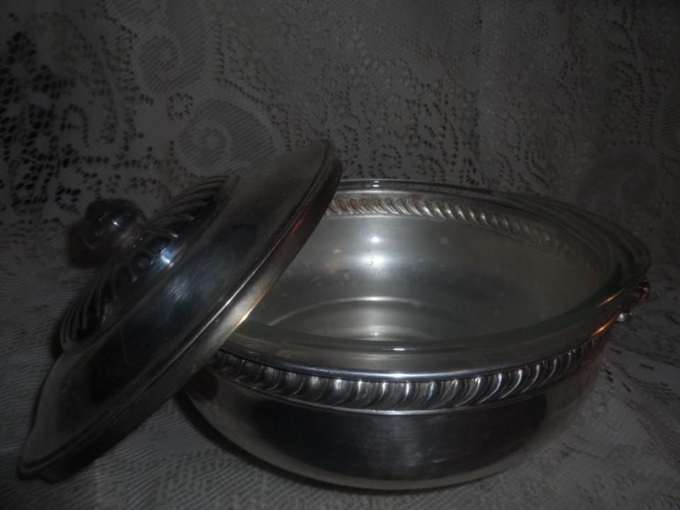 Vntg Ornate Pilgrim SilverPlate w/Glass Pyrex Chafing Dish Casserole ...