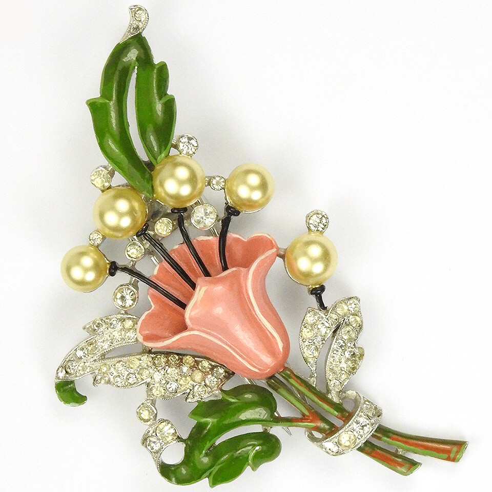 Trifari 'Alfred Philippe' Pave Enamel and Pearls Lily… - Gem