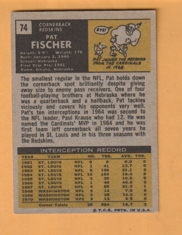 Pat Fischer Washington Redskins 1971 Topps #74 Omaha Nebraska ...