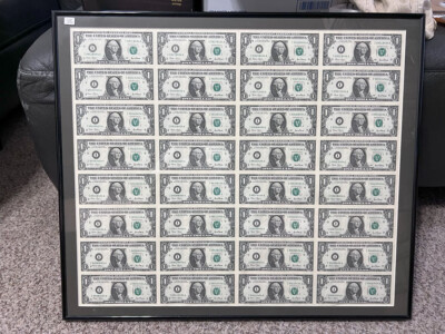 2001 $1 UNCUT SHEET OF 32 - UNCUT CURRENCY - CHOICE UNCIRCULATED FRAMED ...