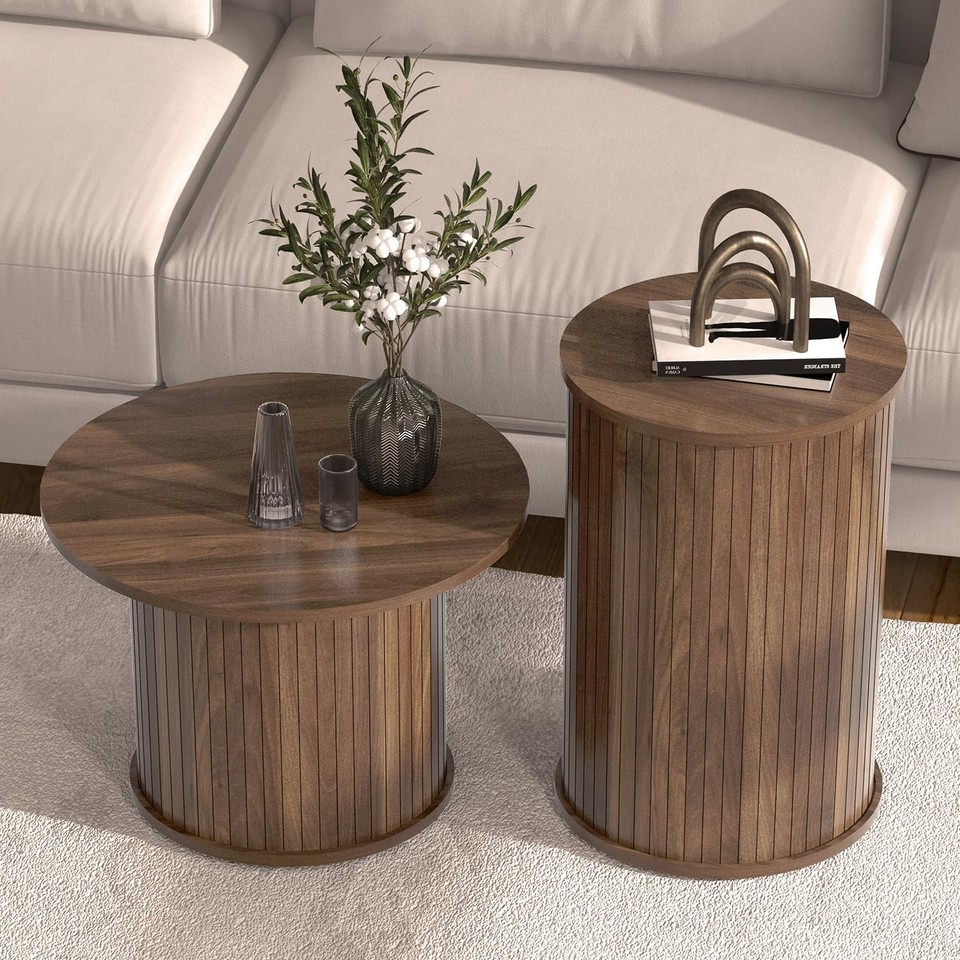 Set of 2 Round Nesting Coffee Tables for Living Room, Fluted Circle ...