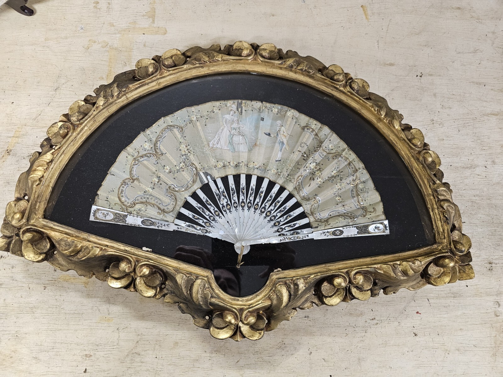Antique Victorian French Hand Fan in Shadow Box - Man Courting Woman | eBay
