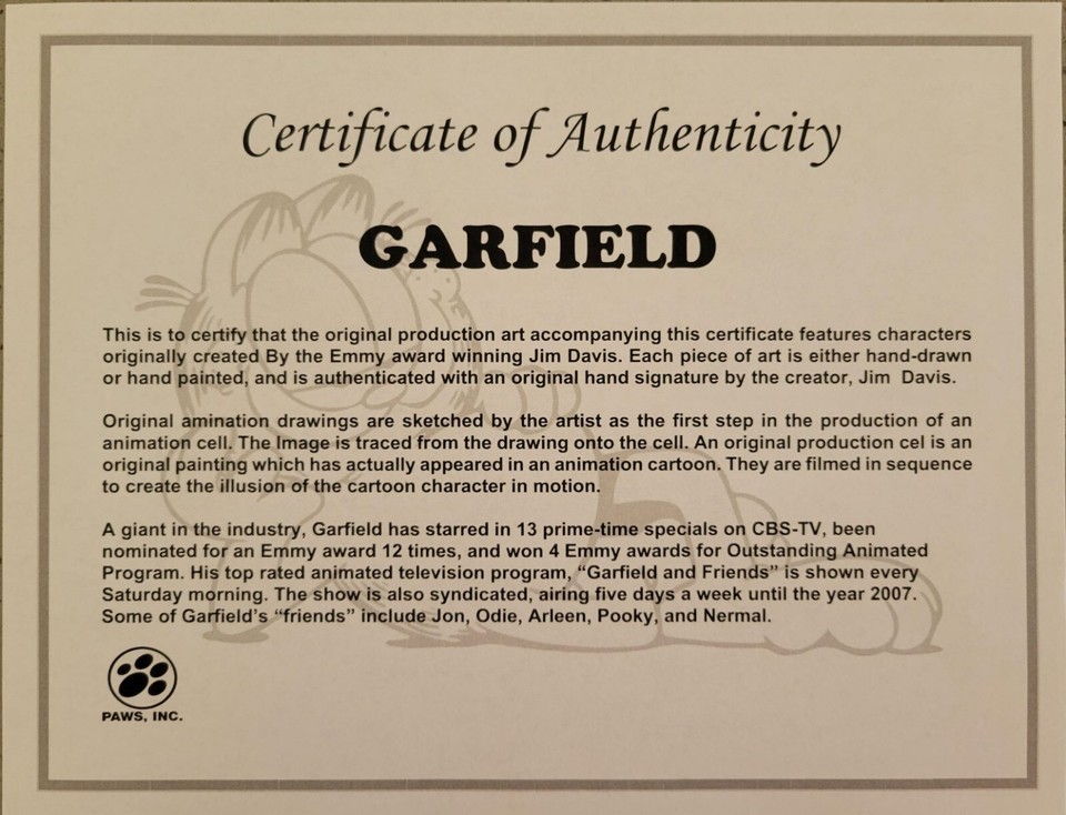 Jim Davis Autographed Garfield Original 2 Hand Painted Production Cel's ...
