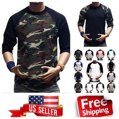 Mens T-Shirt Sports Active Team 3/4 Sleeve Baseball Raglan Crew Neck ...