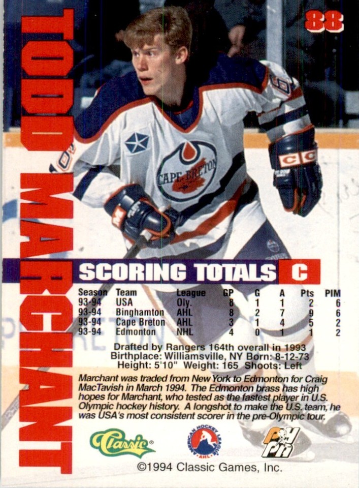 1994-95 Classic Hockey Todd Marchant Edmonton Oilers #88 | eBay