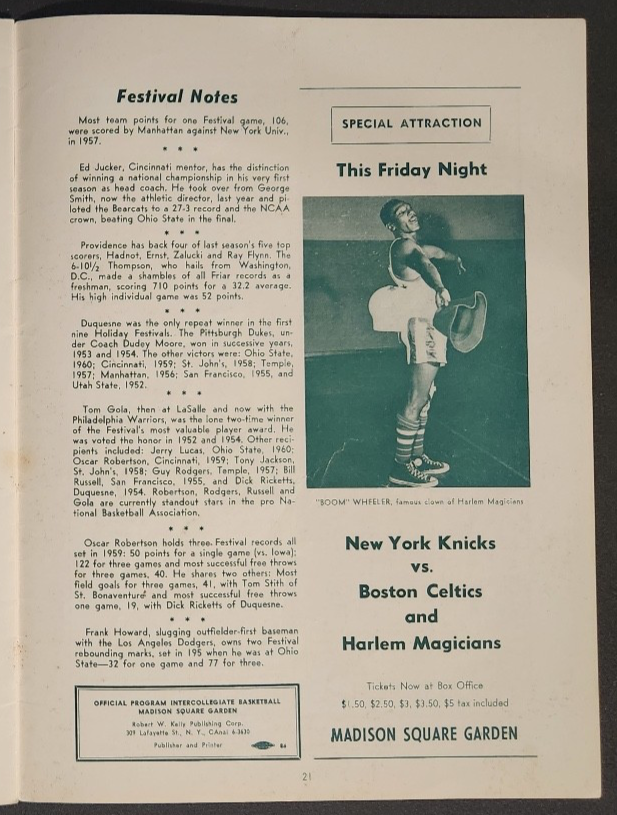 1961 ECAC BASKETBALL PROGRAM La SALLE, DARTMOUTH, ST JOHN'S, CINCINNATI ...