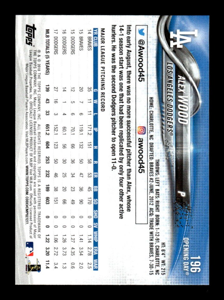 2018 Topps Opening Day Alex Wood #196 | eBay