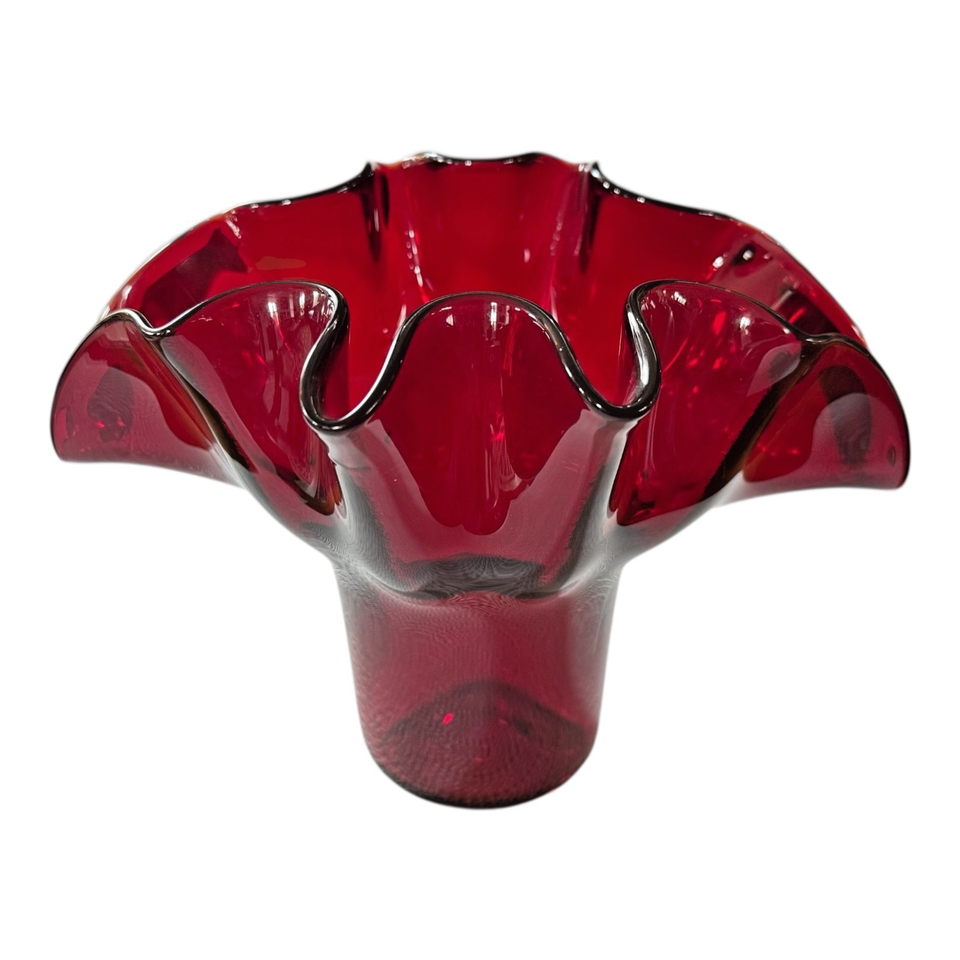 Vintage Mid-Century Bischoff Ruby Red Handblown Art Glass Ruffled Fan ...