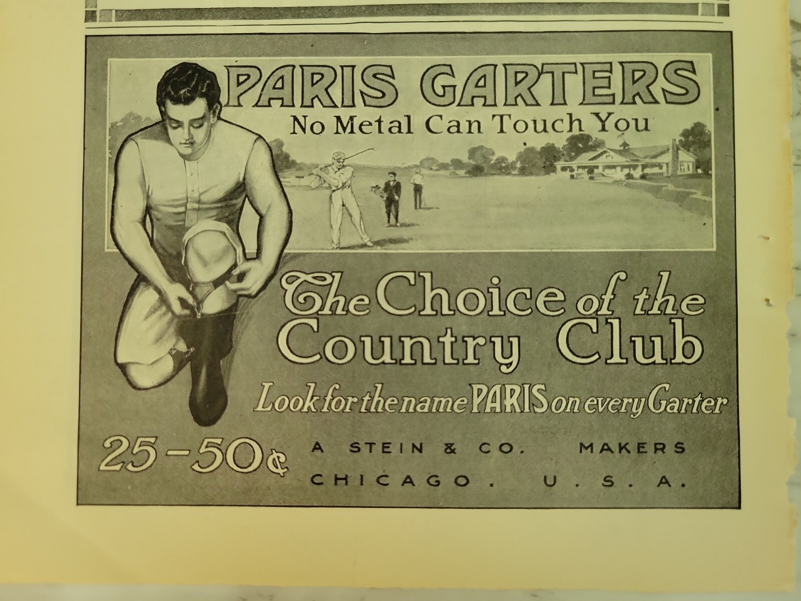 1911 men's sock Paris Garters Country Club golf course golfing vintage ...