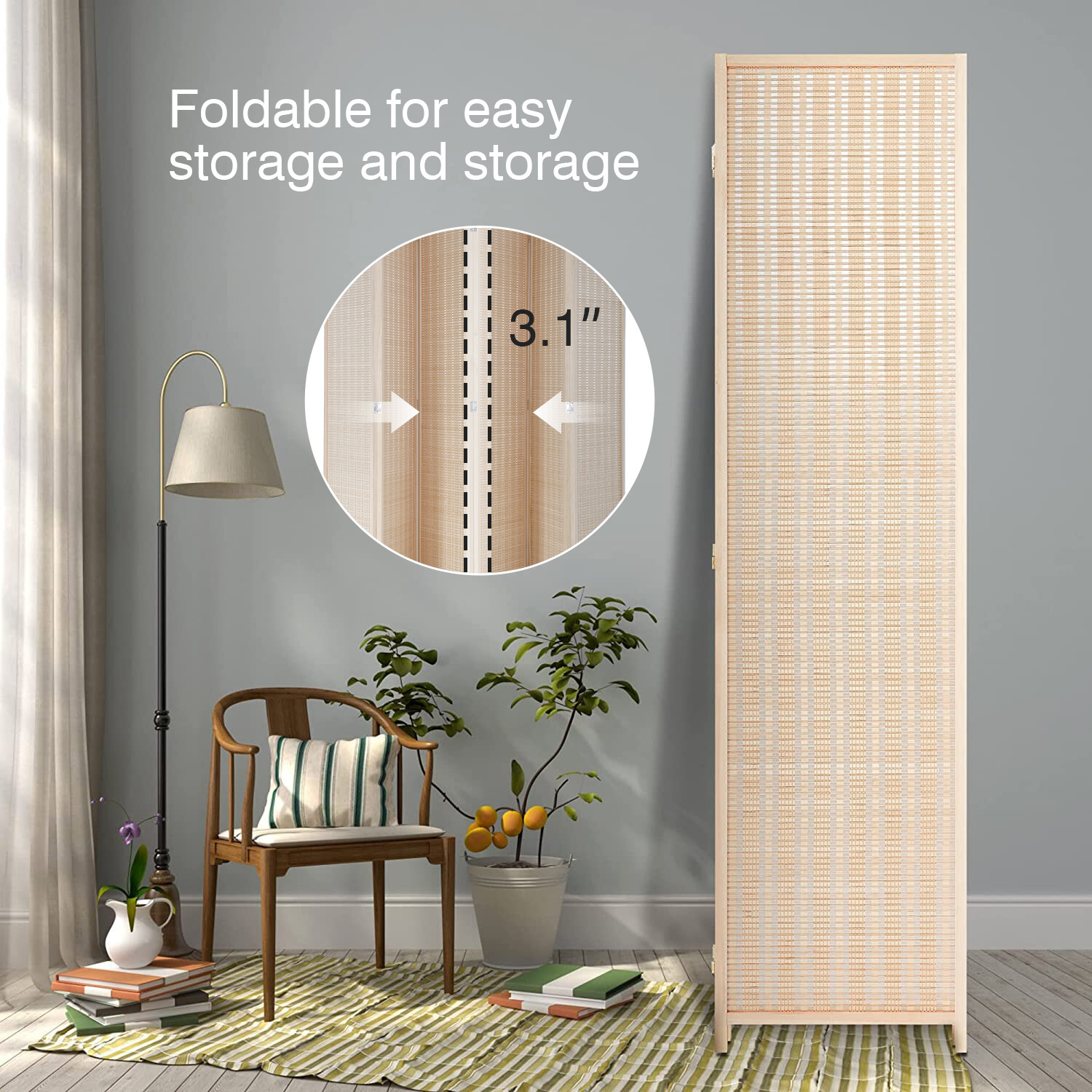 6 Panel Bamboo Room Divider, Folding Privacy Wall Divider Freestanding ...