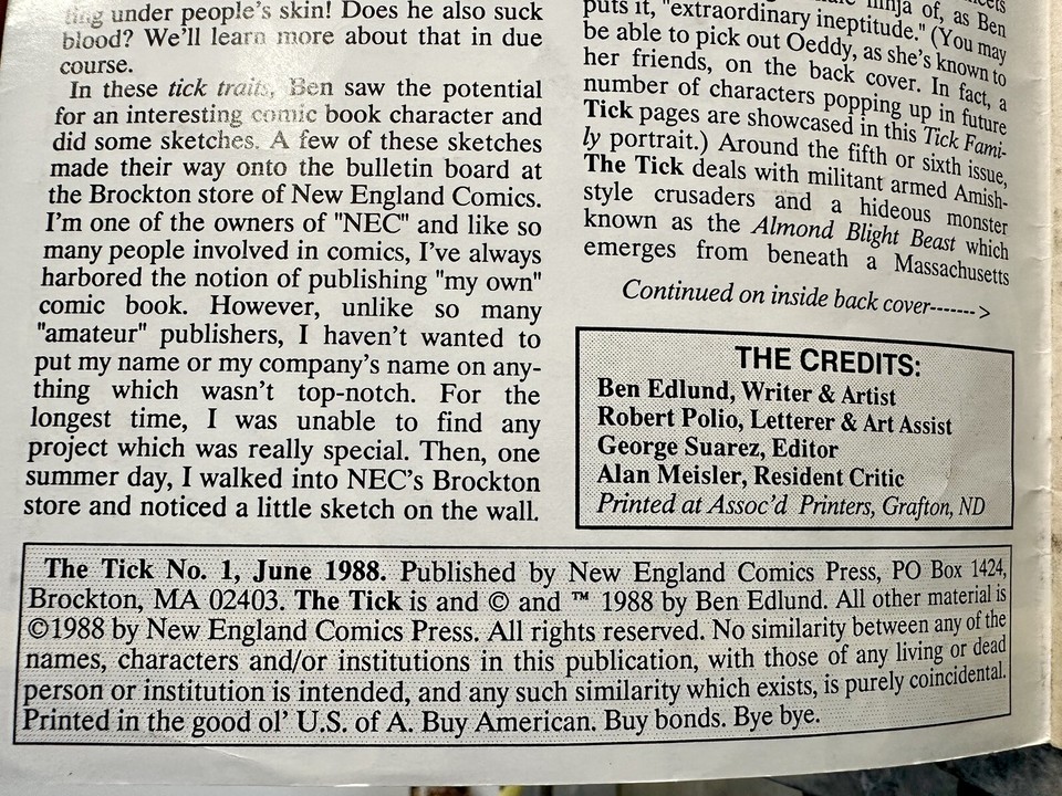 The Tick #1 1988, New England Comics, 1st Print By Ben Edlund | eBay