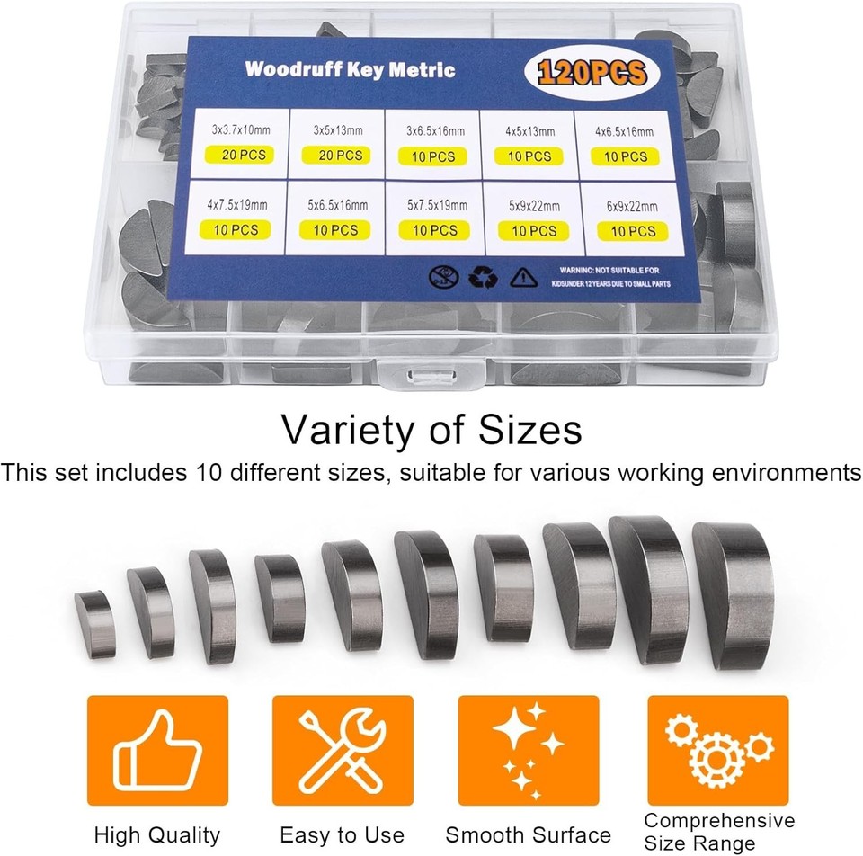 120pcs Woodruff Key Assortment Kit 10 Sizes Half Moon Shaft Crank ...