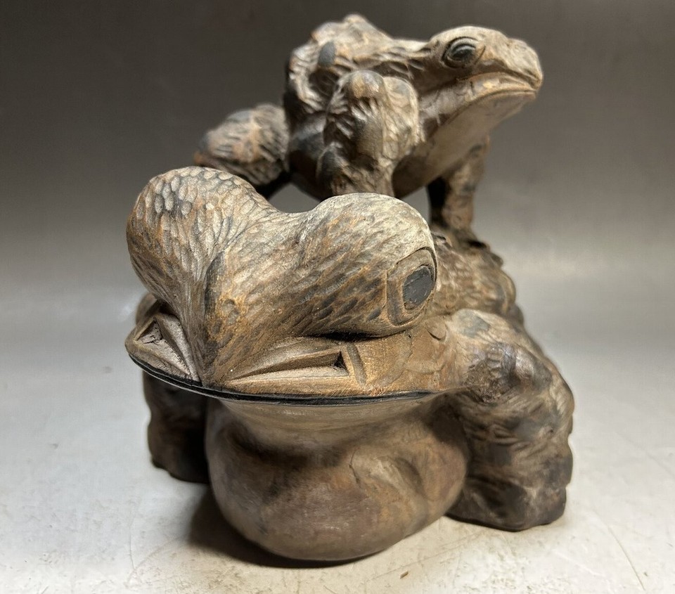 Frog Pair Statue 311 Japanese Carve Wood Mother Toad Baby Kid Sculpture ...