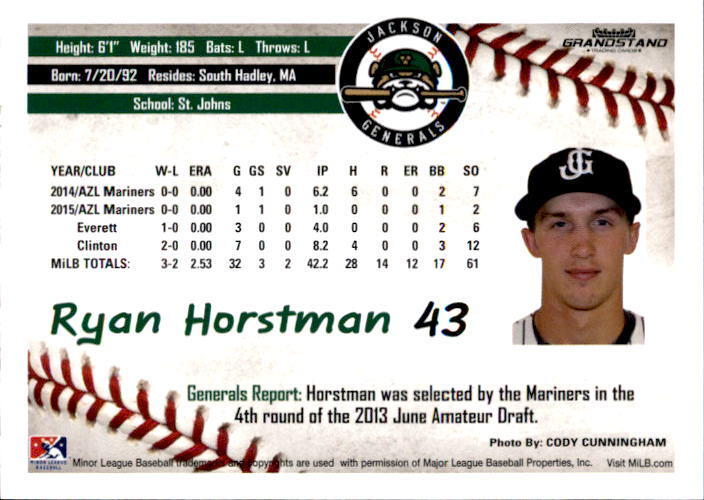 2016 Jackson Generals Grandstand #12 Ryan Horstman South Hadley ...