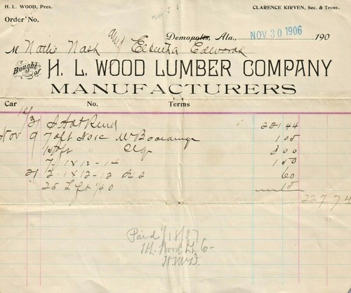 1906 Original Mill Hardware Receipt H L Wood Lumber Company Demopolis ...