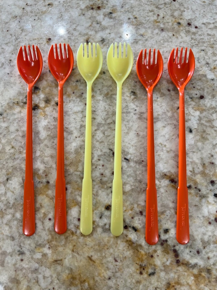 Vintage Tupperware 7 sets (14) Fork O Spoon Sporks White Brown Yellow ...