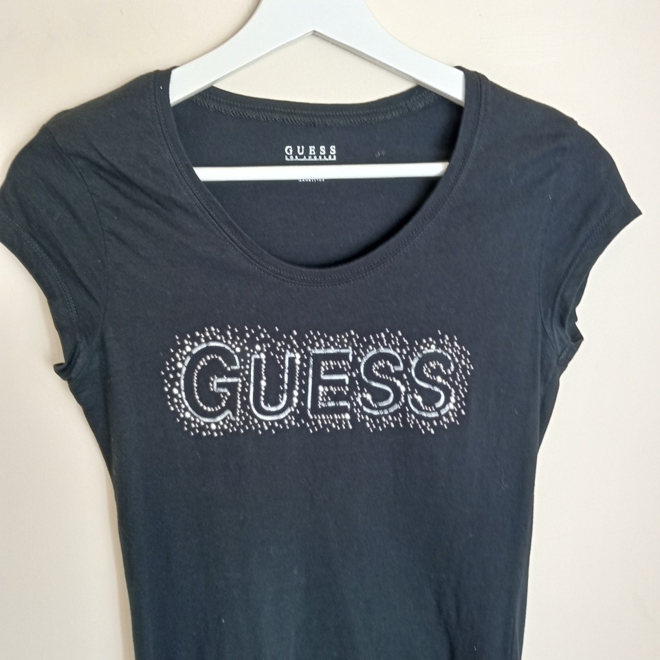 GUESS Black Logo Tee S Silver Studded Fitted Baby Scoop Neck Y2K 2000s ...