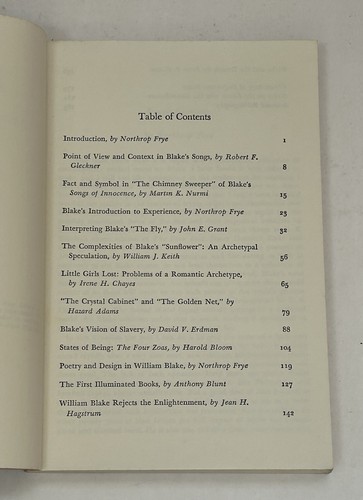Essays on Study of poems poetry of William Blake Northrup Frye VINTAGE ...