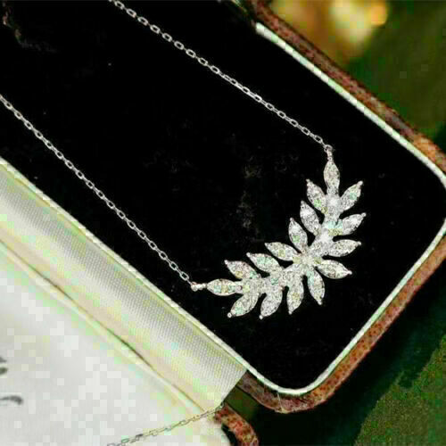 1.5Ct Lab Created Diamond Leaf Shape Pendant White Gold Plated 18 ...