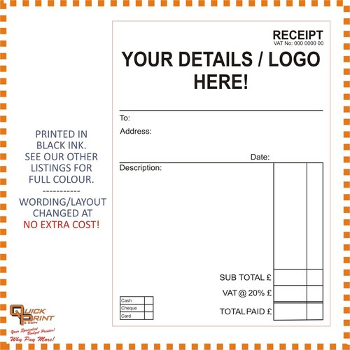 50 x A6 PERSONALISED NCR PRINTED RECEIPT / INVOICE PADS / DUPLICATE ...