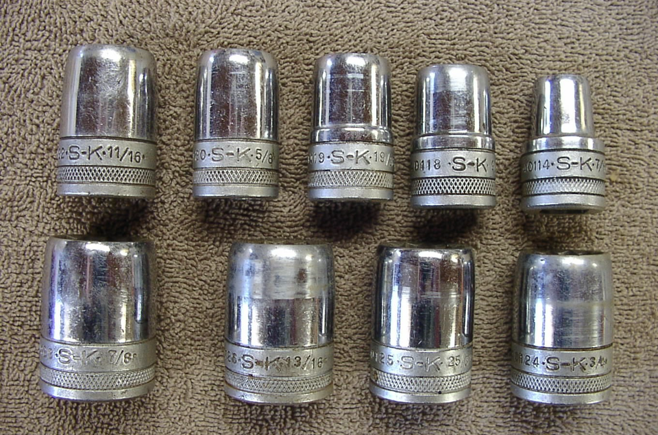 Old Used Tools,Vintage 9 Pc. S-K SAE Knurled 1/2" Drive Sockets,7/8"-7/ ...
