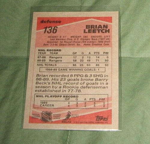 Brian Leetch N.Y. Rangers Rookie Card Hall of Fame NM 1989 Topps #136 ...