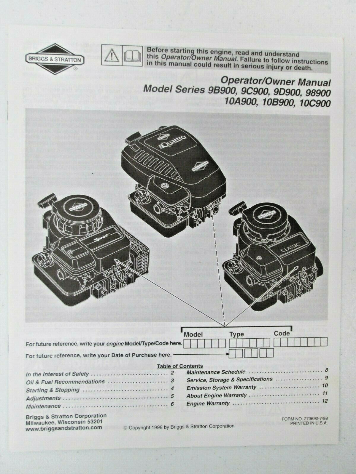Briggs & Stratton Operator Owner Manual 9B900 9C900 9D900 98900 10A900 ...