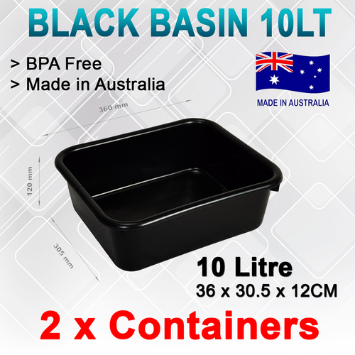 2x Heavy Duty 10L Black Plastic Basin Tub Containers Storage Crates Box ...