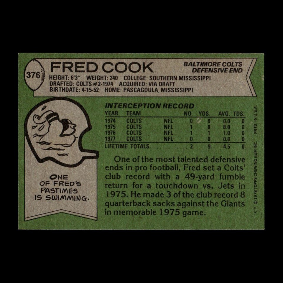 Fred Cook 1978 Topps Baltimore Colts #376 R309C 2 | eBay