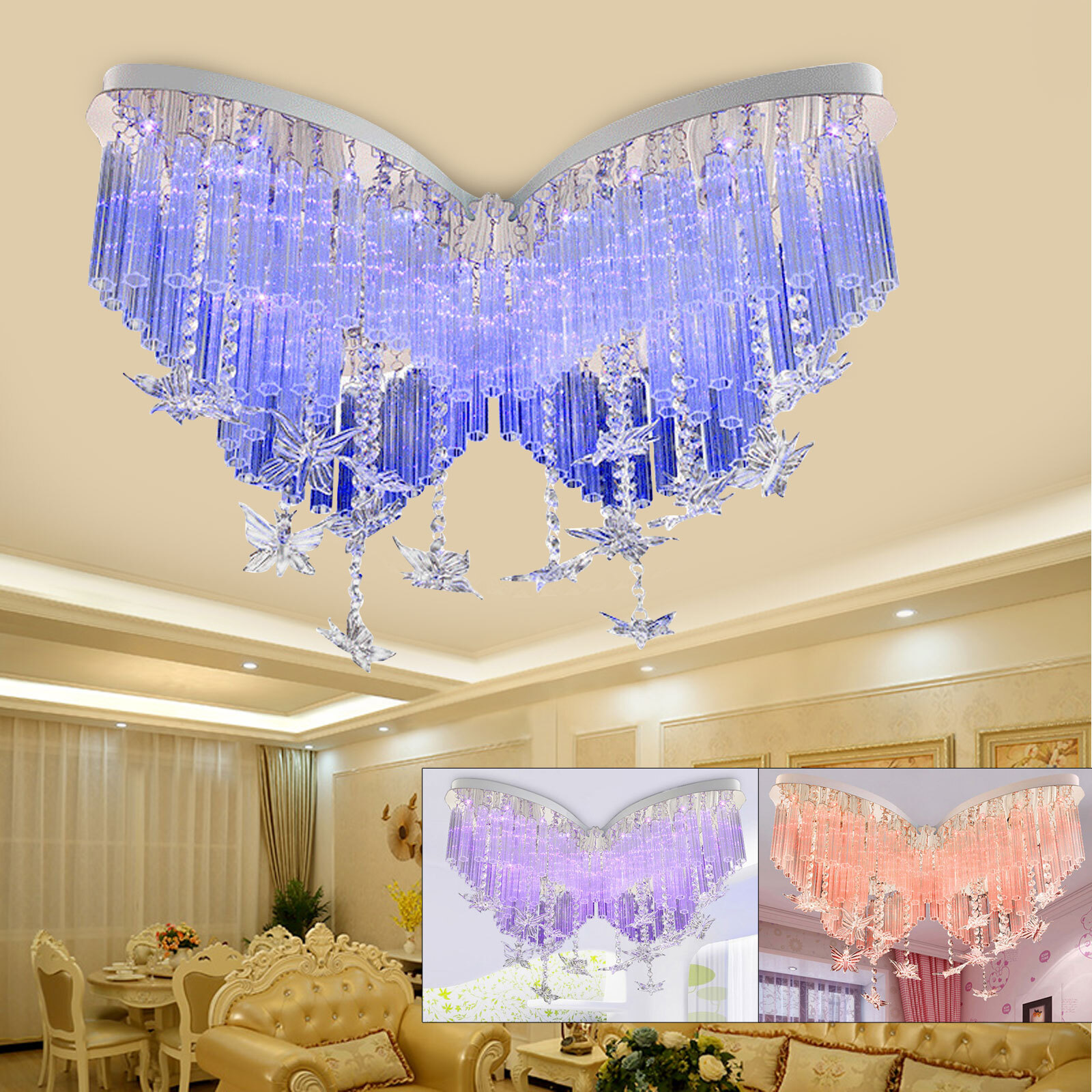Chandelier Crystal Butterfly Color Changing Lamp Red Blue Purple LED ...
