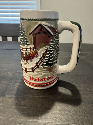 Budweiser Clydesdale Ceramarte Christmas Holiday Stein Mug Covered Bridge 1984 | eBay