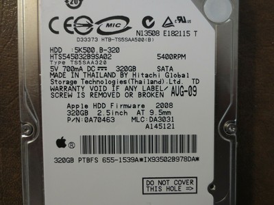 Hitachi HTS545032B9SA02 PN:0A70463 MLC:DA3031 Apple#655-1539A 320gb 2.5 ...