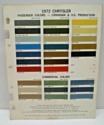 1972 CHRYSLER PASSENGER CAR COLORS DUPONT CANADA PAINT CHIP SAMPLES ...
