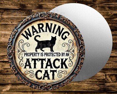 Metal Round Sign PROTECTED BY ATTACK CAT Wreaths Crafts & miniatures ...