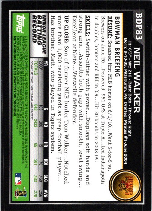 2010 Bowman Draft Picks & Prospects - RC #BDP83 Neil Walker | eBay