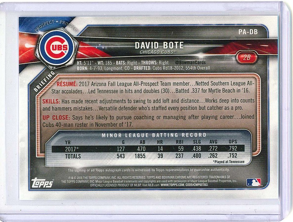 2018 Bowman Baseball - DAVID BOTE, 78/150 BLUE ROOKIE AUTO Card #PA-DB ...