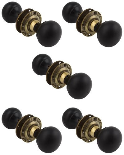 5 Pairs of Black Ebonised Wooden Round Bun Door Knobs Aged Brass Hard Wood Rim | eBay UK