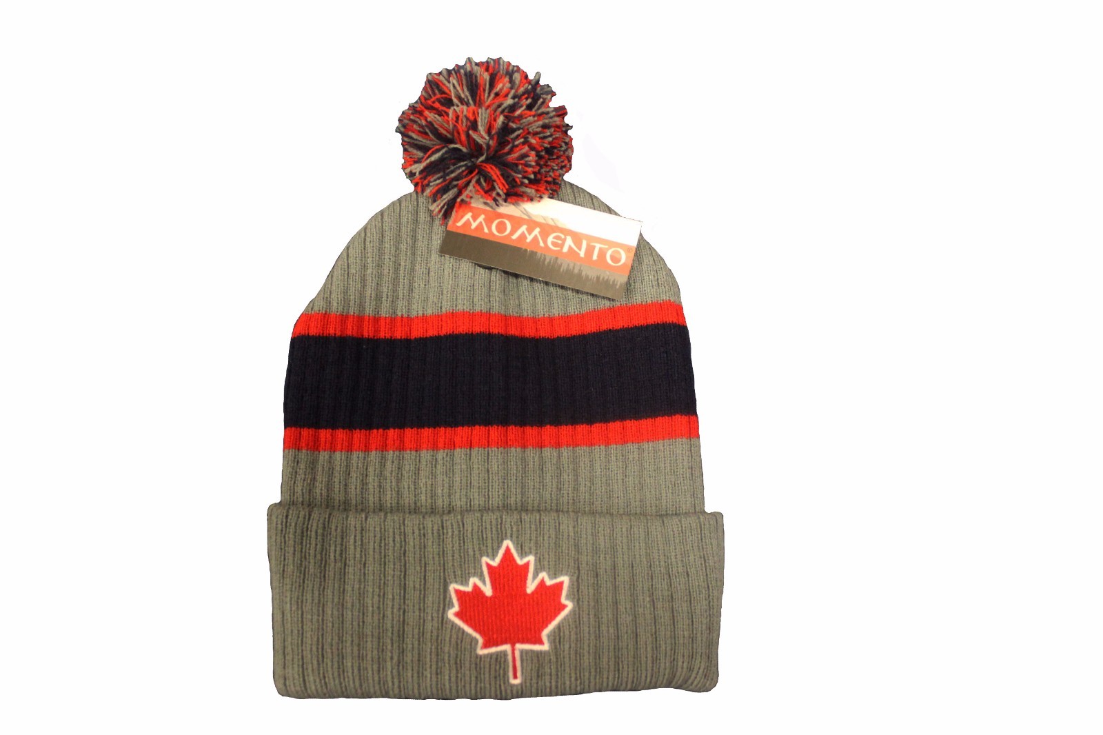 CANADA MAPLE LEAF GREY BLUE WITH RED STRIPES TOQUE HAT WITH POM POM ...