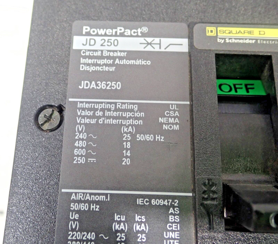 Square D JDA36250 250 Amp 3 Pole 600V PowerPact I-Line Circuit Breaker ...